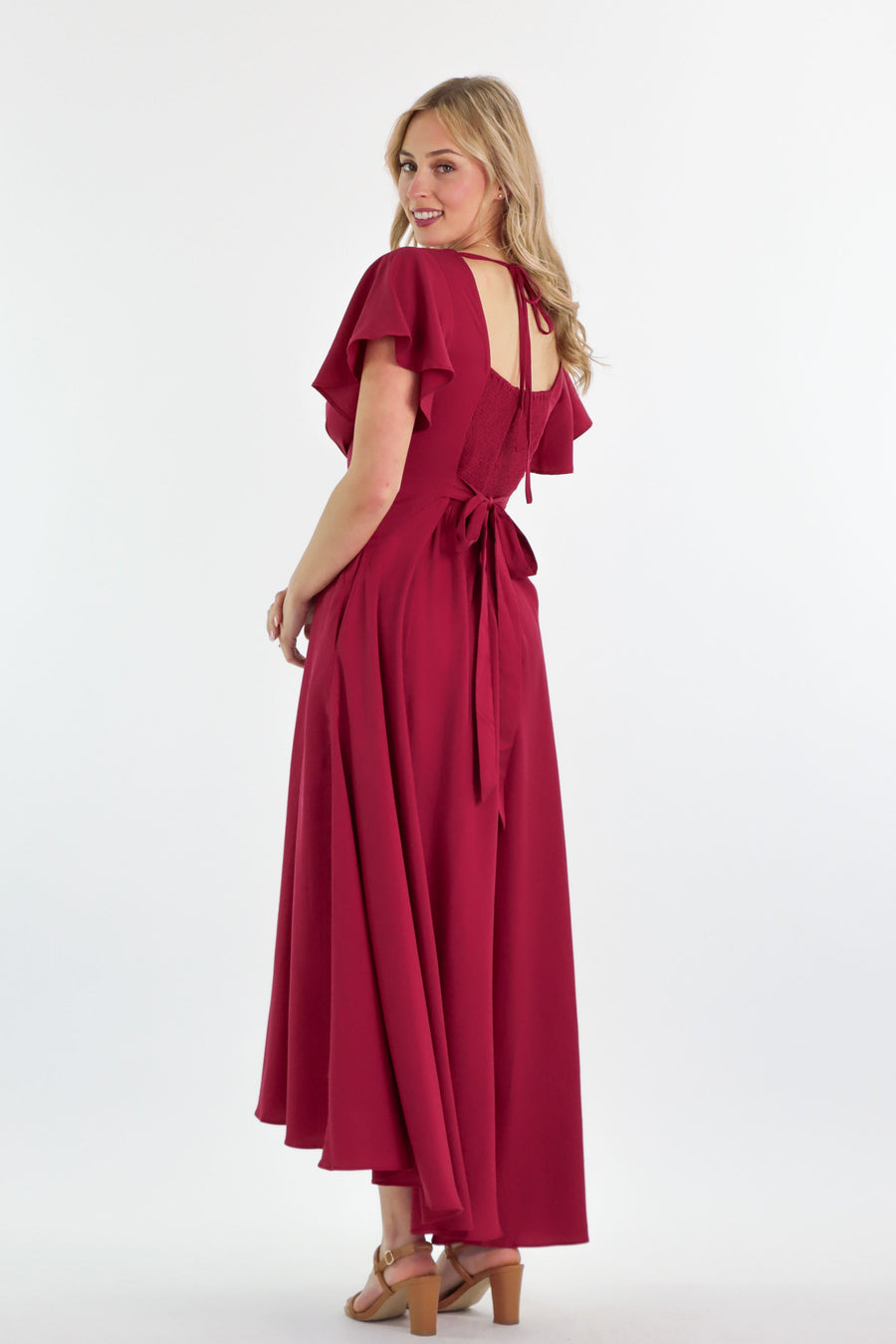 Red Berry Tencel Plunge V-neck A-line butterfly Sleeve Dress – Aulieude