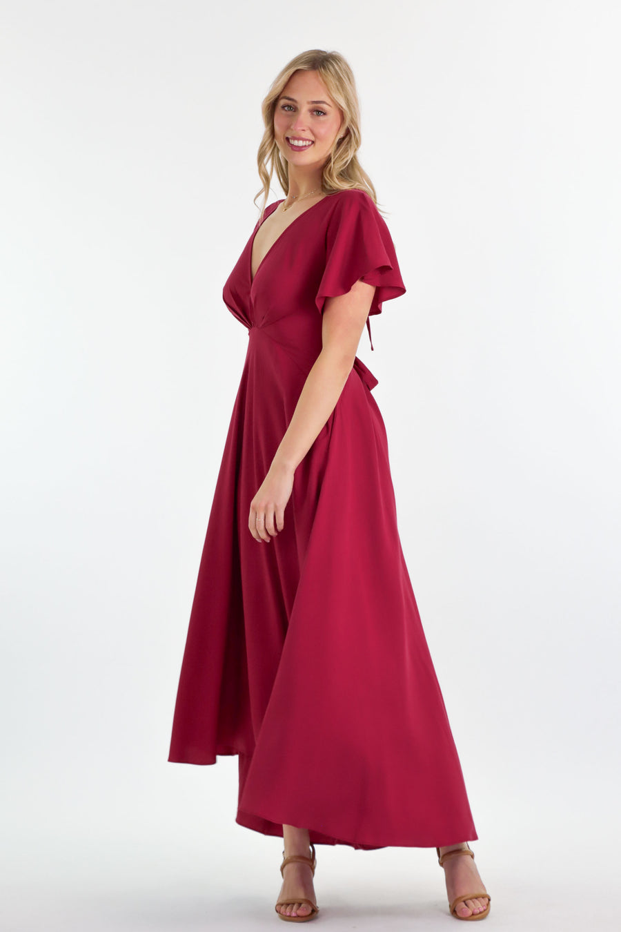 Red Berry Tencel Plunge V-neck A-line butterfly Sleeve Dress – Aulieude